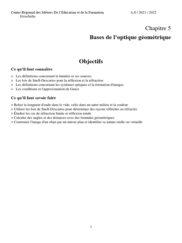 Bases de l'optique géométrique 2021-2022 | PDF | Réfraction | Lumière