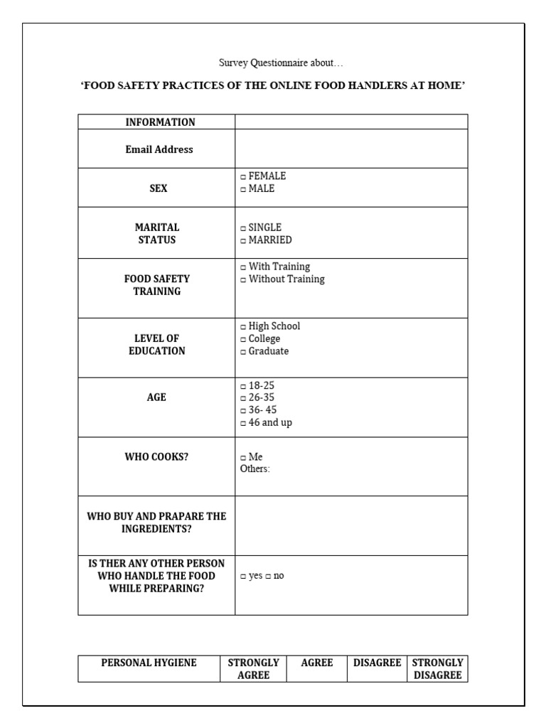 Survey-Questionnaire (1) | PDF | Cooking | Food Safety