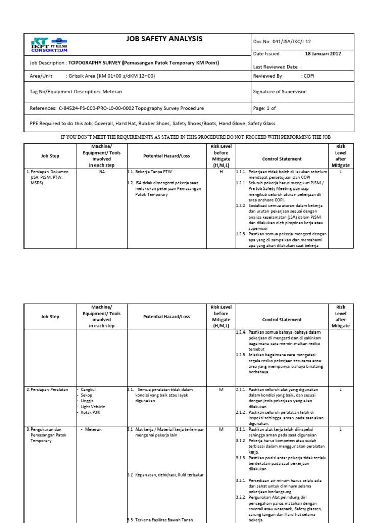 JSA TOPOGRAPHY SURVEY (Pemasangan Patok Temporary) | PDF