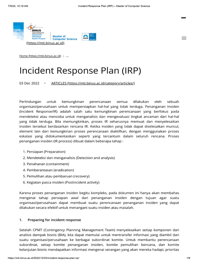 Incident Response Plan (IRP) - Master of Computer Science | PDF
