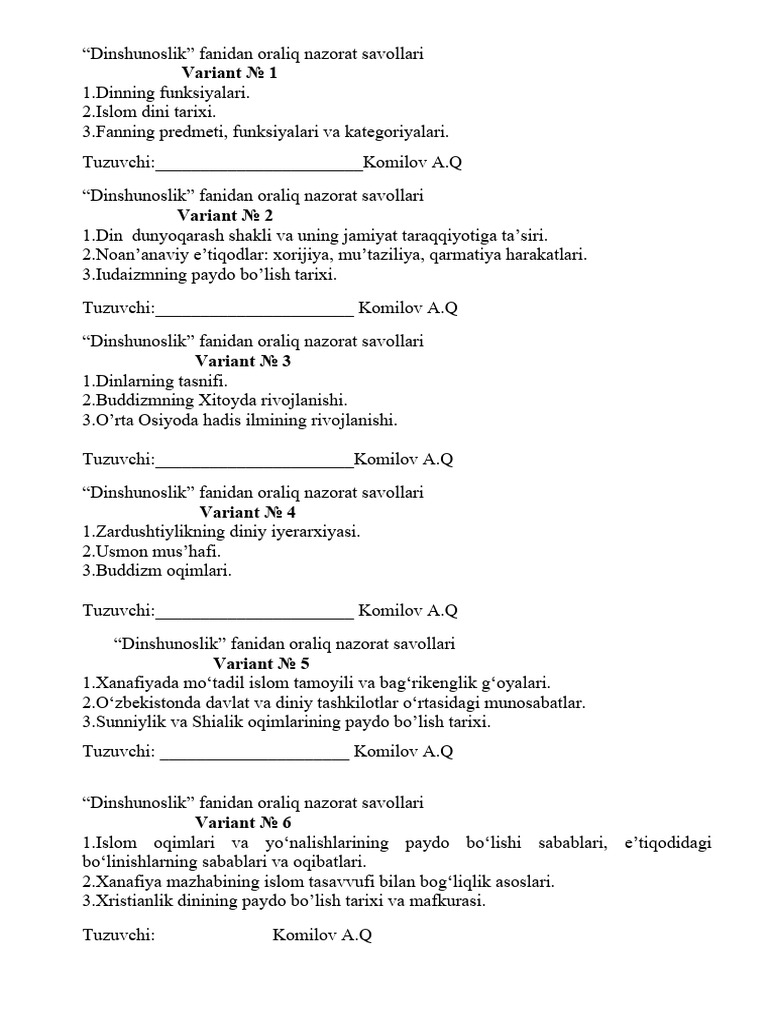 Din+oraliq - NAZORAT - TAYYOR | PDF