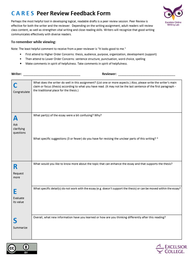 C A R E S Peer Review Feedback Guide | PDF | Essays | Peer Review