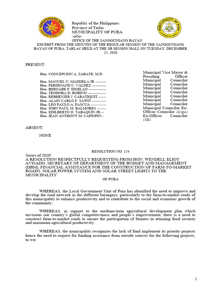 Resolution No. 154 Series of 2020 | PDF | Government