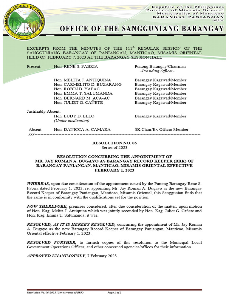 Resolution No. 06-2023 (Concurring BRK) | PDF