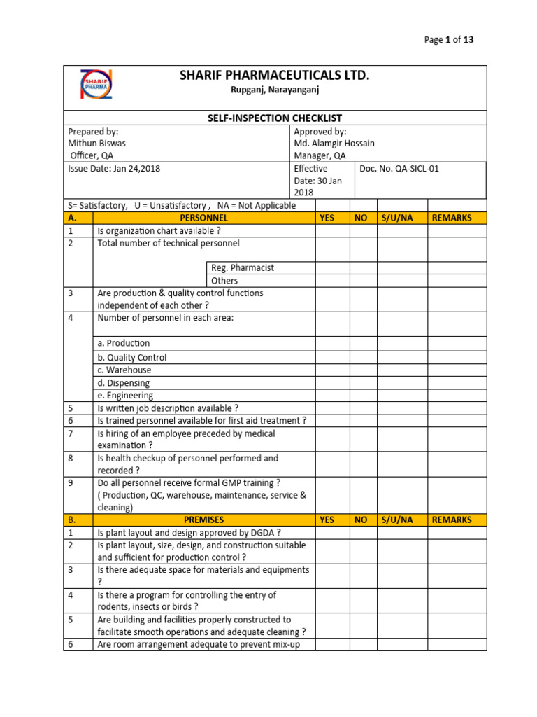 Self-Inspection Checklist of DGDA | PDF | Sterilization (Microbiology)