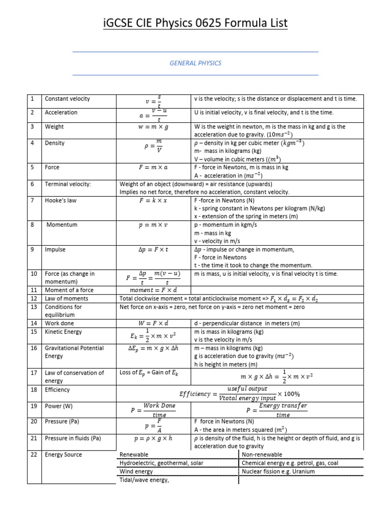 IGCSE CIE Physics Formula List | PDF | Volt | Force