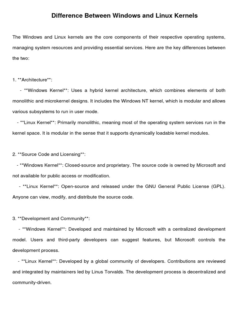 Difference Between Windows and Linux Kernels | PDF | Kernel (Operating ...