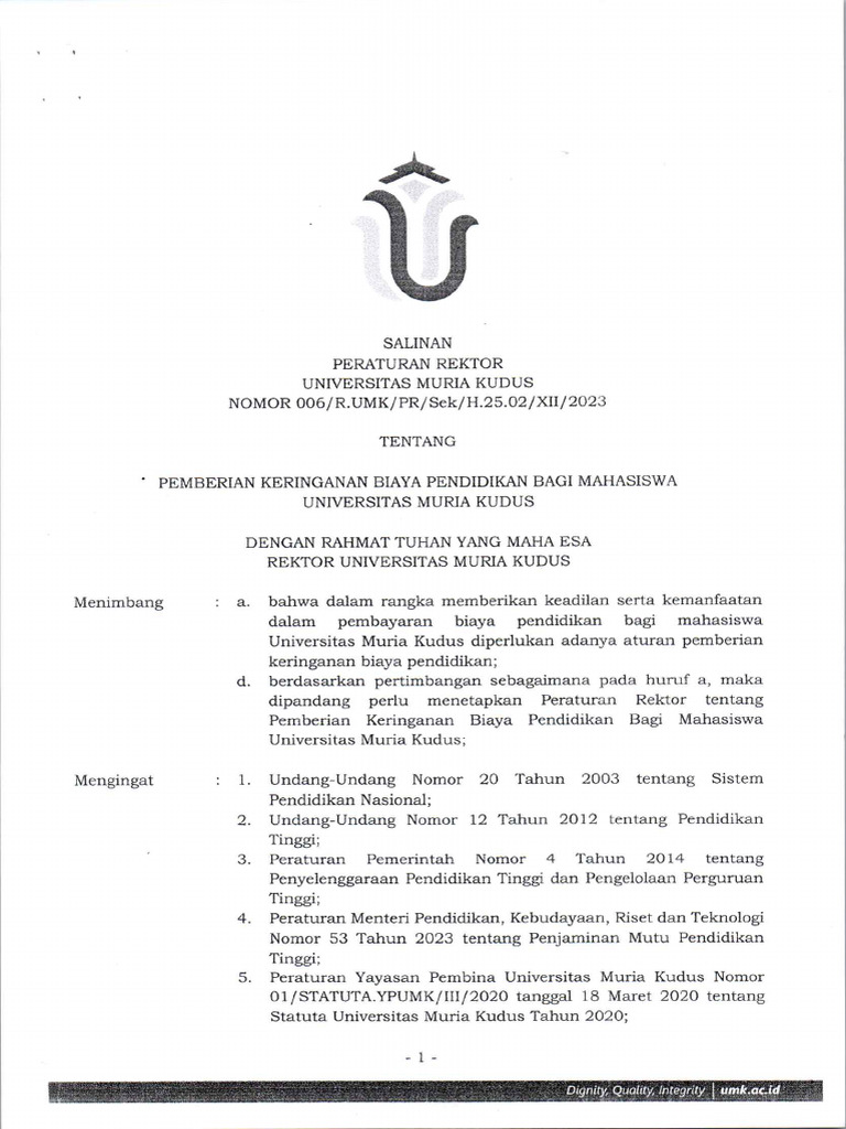 Salinan Peraturan Rektor UMK Tentang Pemberian Keringanan Biaya ...