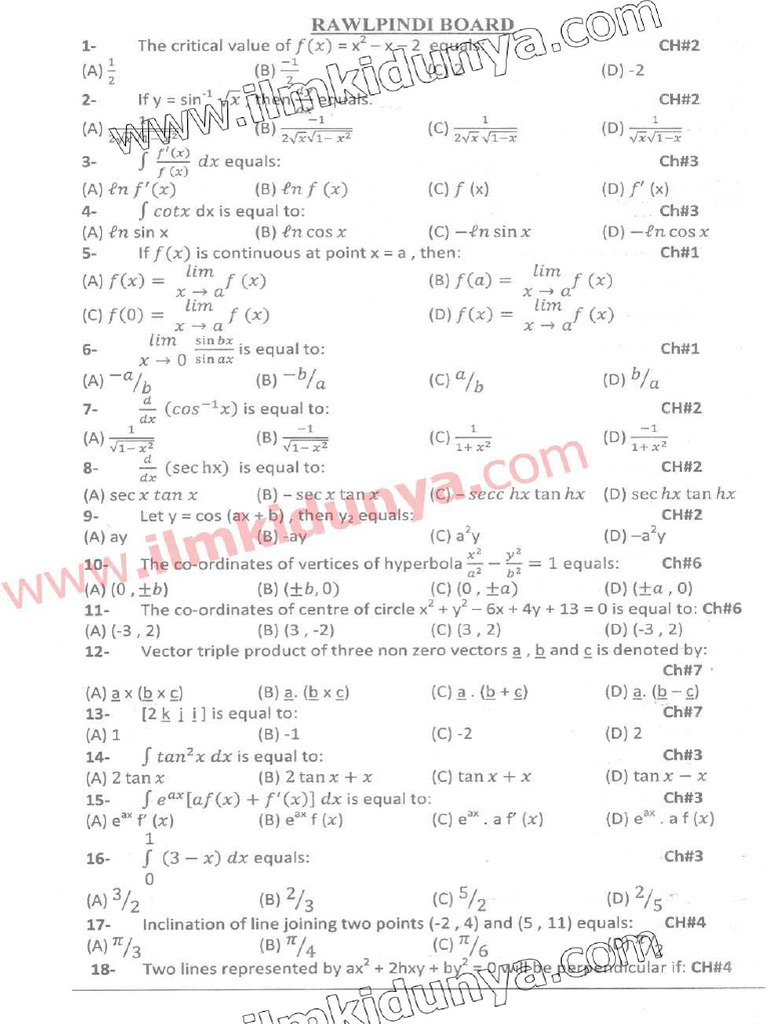 Past Papers 2017 Rawalpindi Board Inter Part 2 Mathematics English Version Objective | PDF