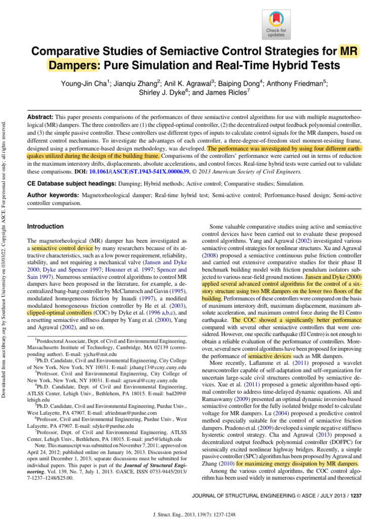 -读 Comparative Studies of Semiactive Control Strategies for MR Dampers Pure Simulation and Real ...