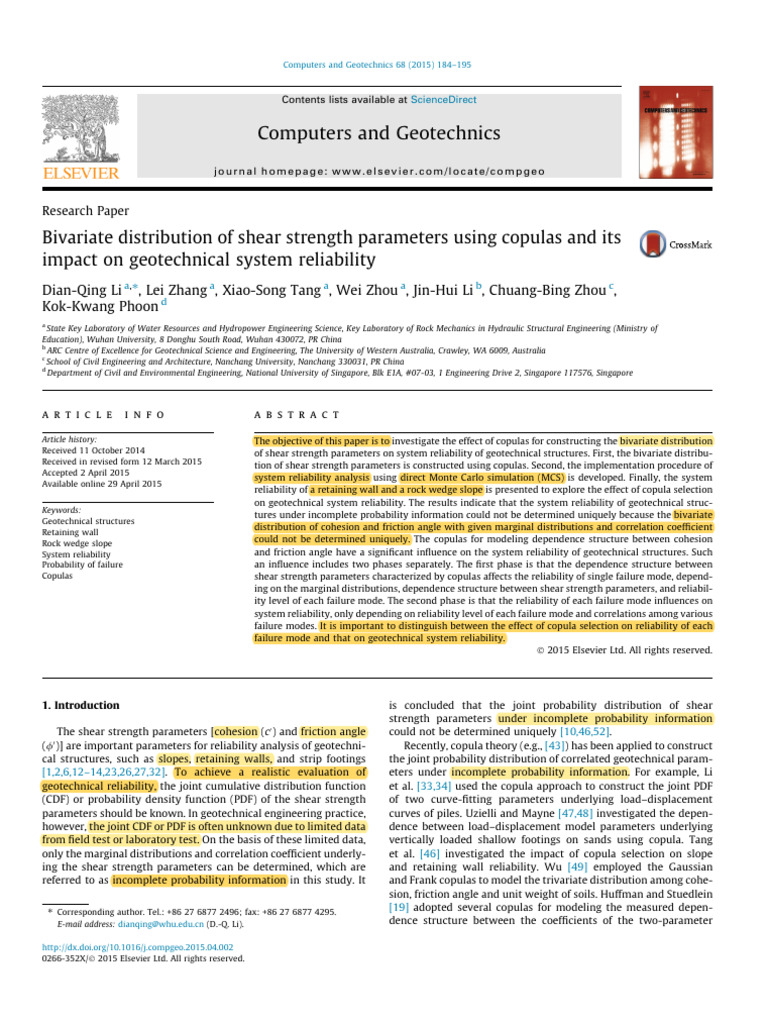 -读 Bivariate distribution of shear strength parameters using copulas and its impact on ...
