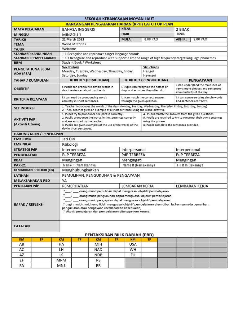 RPH Catch Plan - 21 Mac 2022 | PDF | Linguistics | Cognitive Science