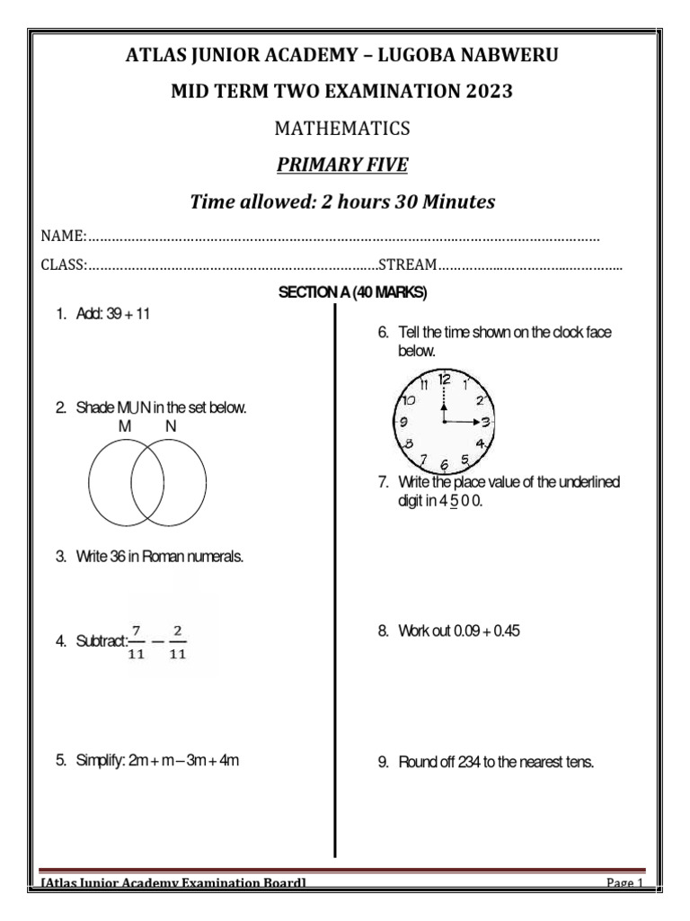 p5 MATHS MID TERM TWO EXAMINATION | PDF | Numbers | Arithmetic