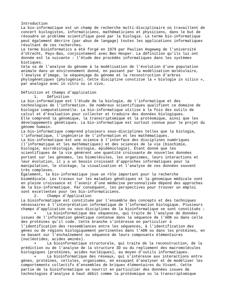 Introduction à la bioinformatique | PDF | Bio-informatique | Biochimie