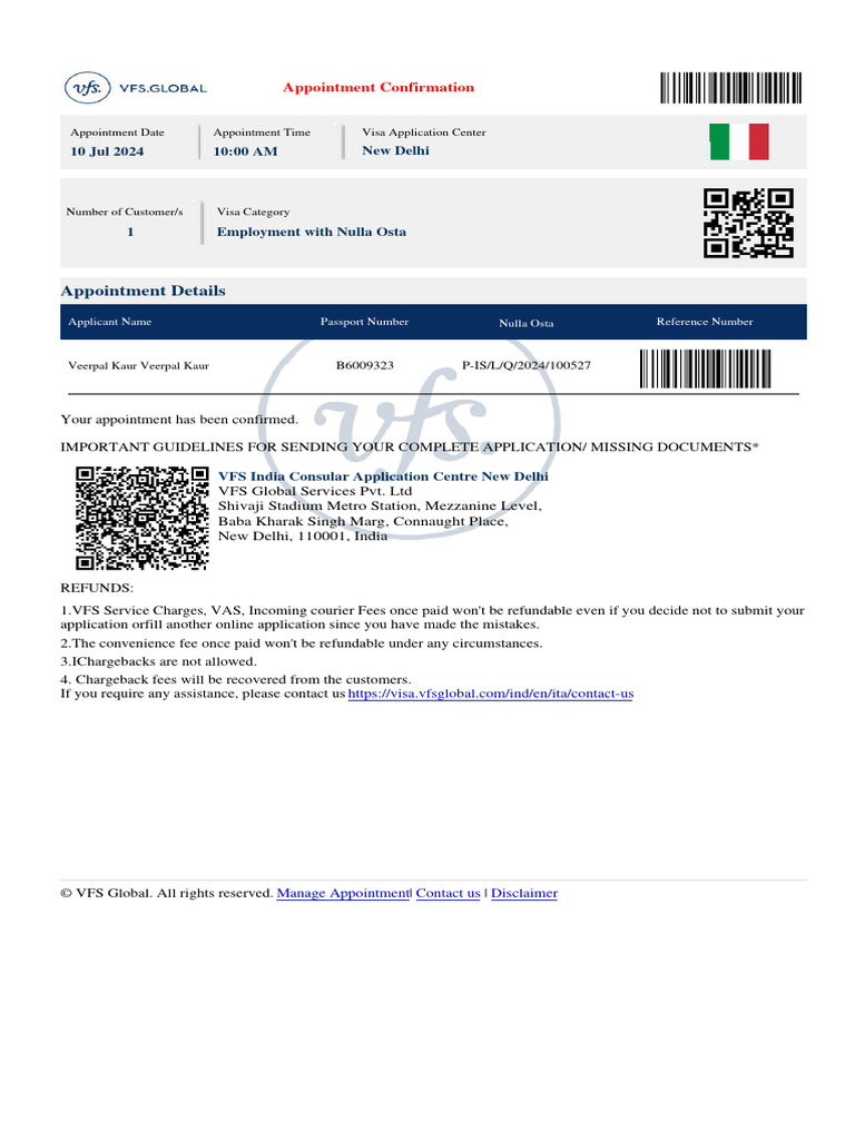 VFS Global Appointment Confirmation | PDF