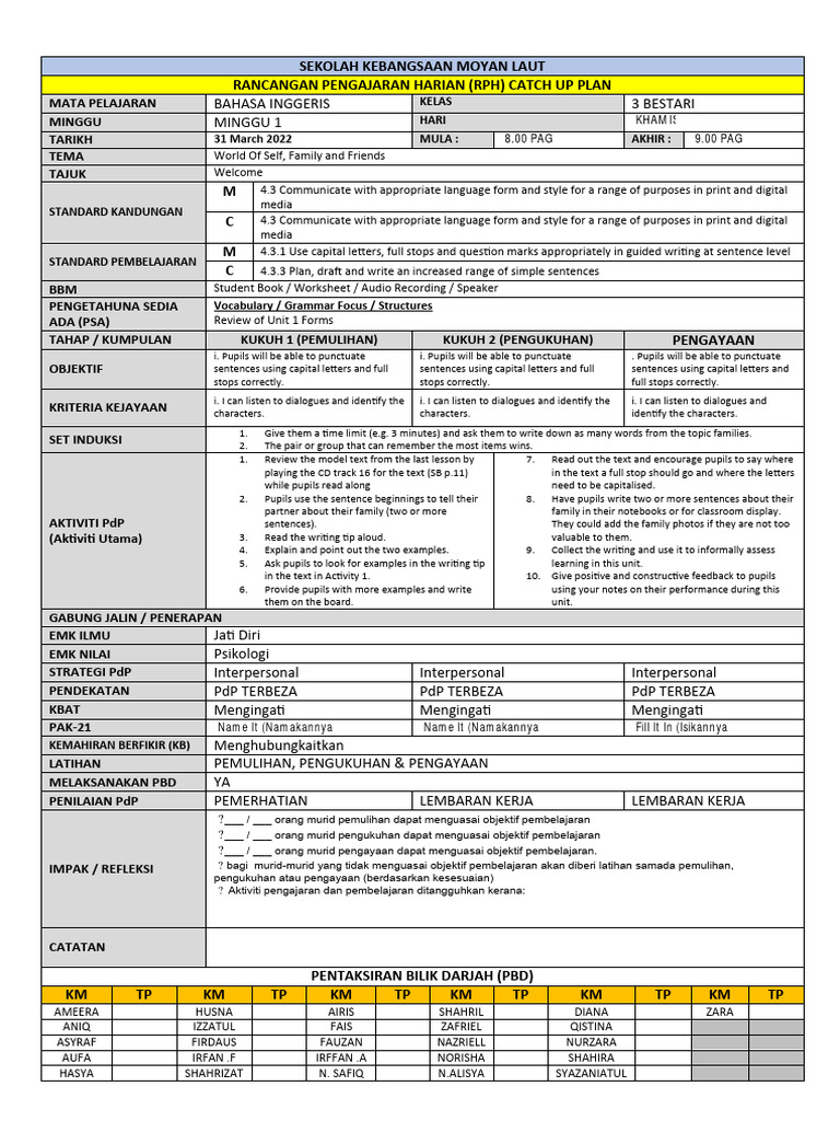 RPH CATCH PLAN - 31 Mac 2022 | PDF | Symbols | Linguistics
