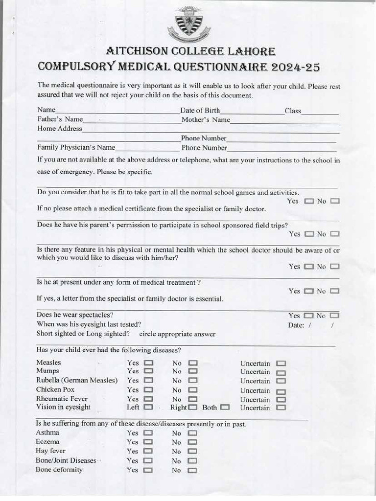 Medical Questionnaire 2024-25 | PDF