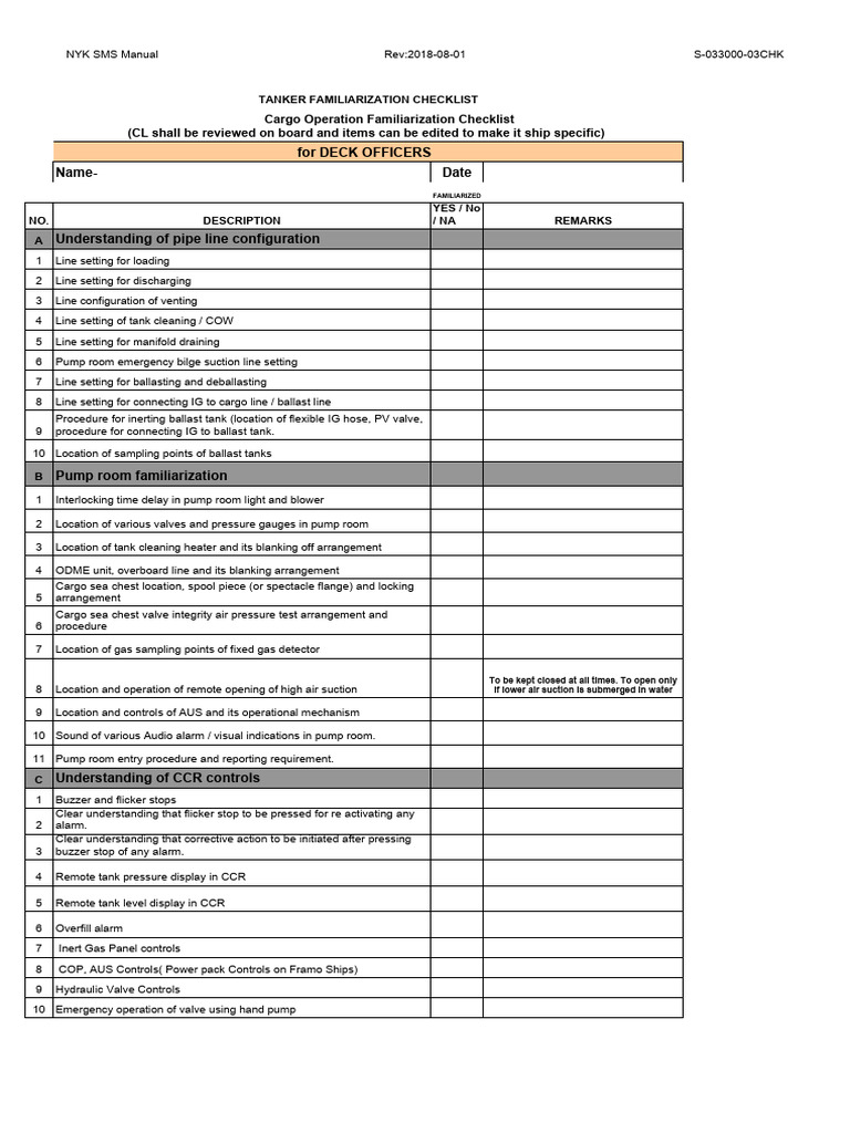 S-033000-03CHK Tanker Familiarization Checklists | PDF | Oil Tanker | Pump