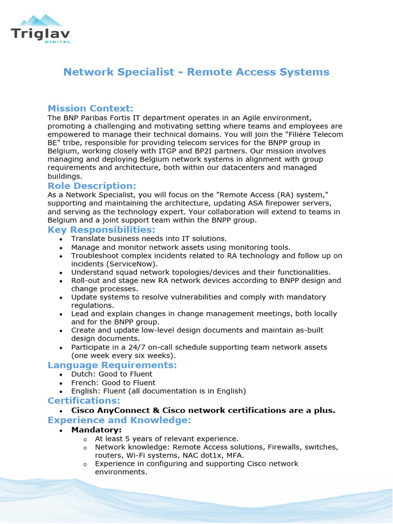 Remote Access Network Specialist Role | PDF | Bnp Paribas | Cisco Certifications