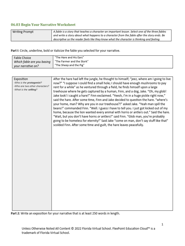 06 03 Begin Your Narrative Worksheet | PDF | Narrative