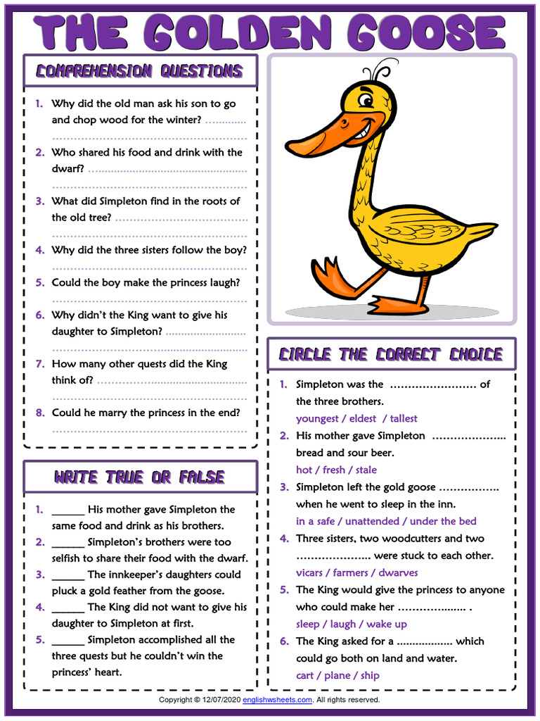 The Golden Goose Esl Printable Reading Comprehension Questions ...