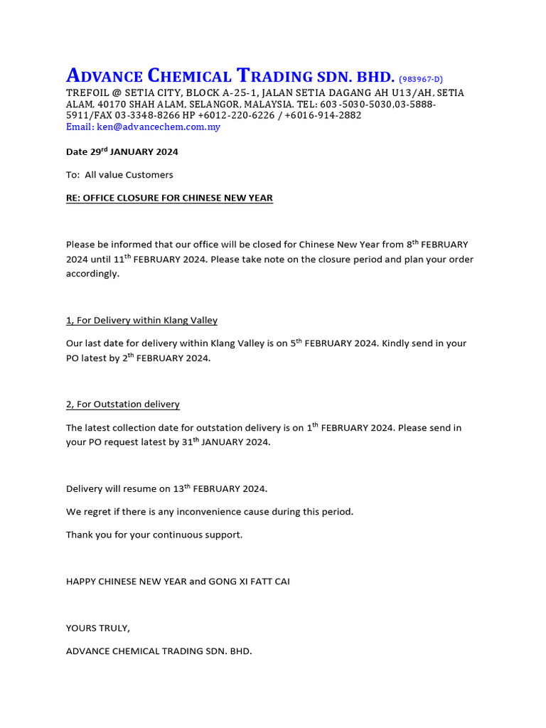 Advance Chemical Trading - CNY 2024 | PDF