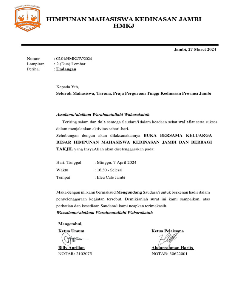 Undangan Buka Bersama HMKJ Jambi | PDF