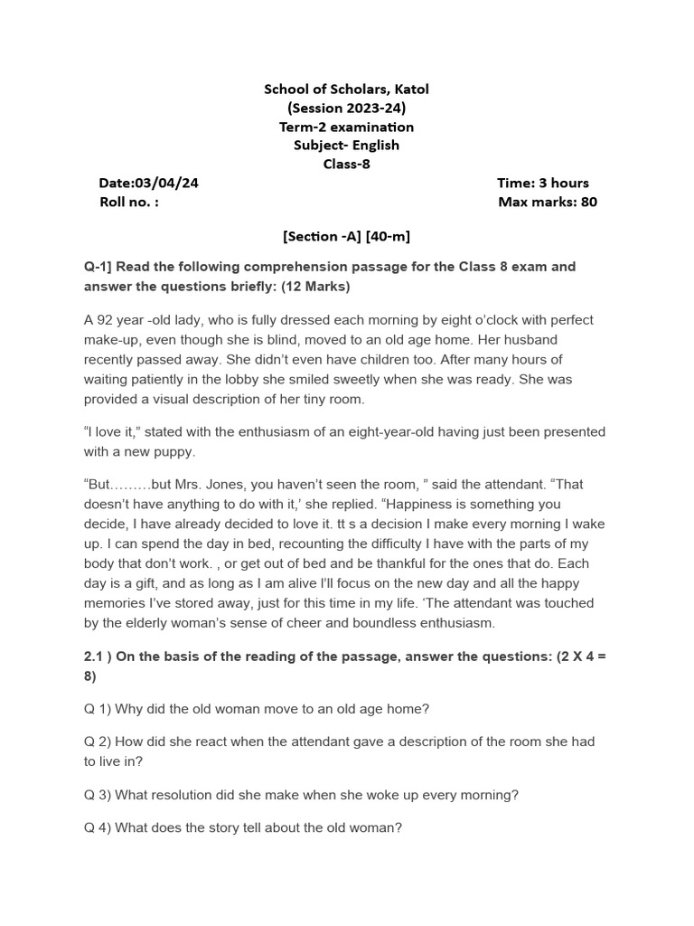 Annual Exam Que-Aper English of Class-8 SOS | PDF | Linguistics | Grammar