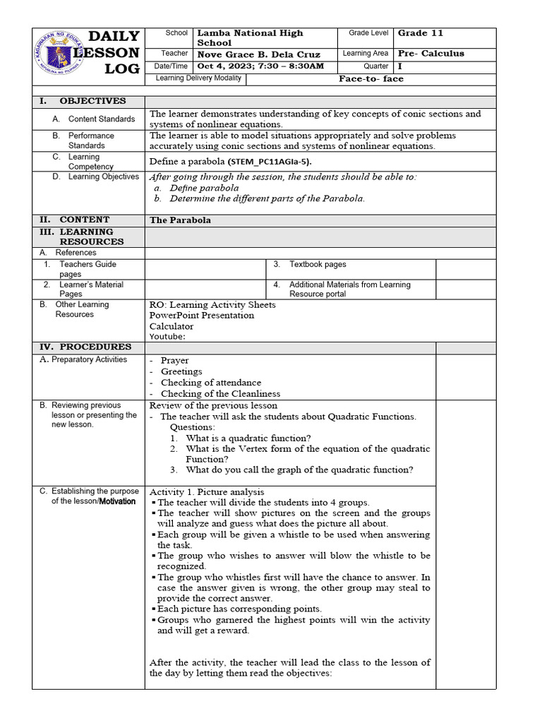 CO 1-LESSON PLAN- PARABOLA | PDF | Behavior Modification | Cognition