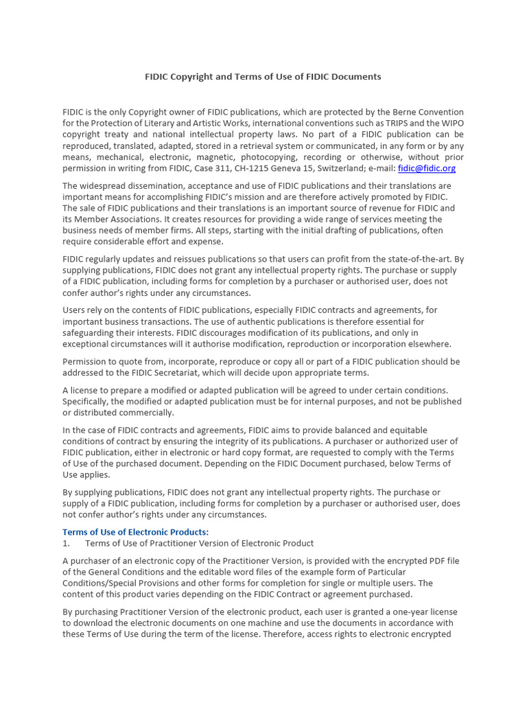 FIDIC Copyright and Terms of Use of FIDIC Documents | PDF | Indemnity ...