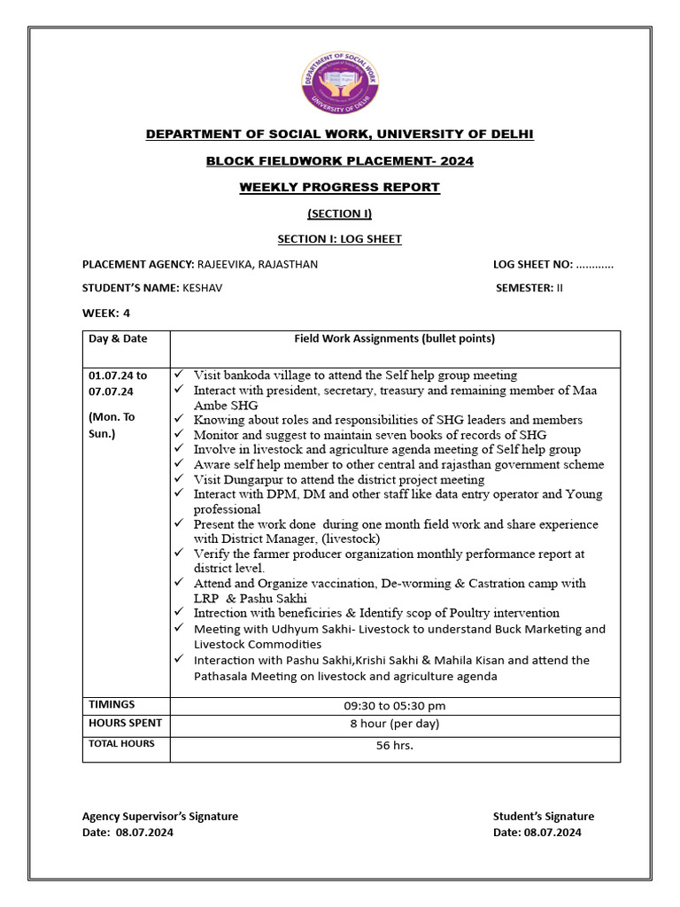 01.07.24 to 07.07.24 WEEKLY PROGRESS REPORT BLOCK PLACEMENT 2024 | PDF ...