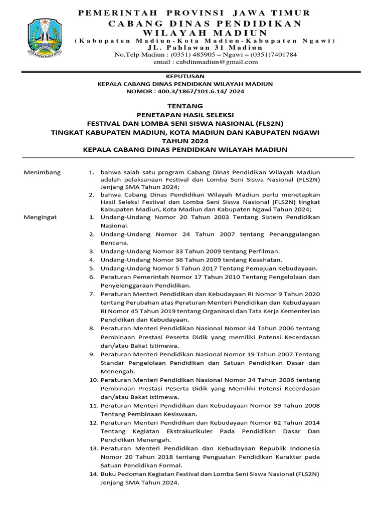 SK Pemenang FLS2N Cabdin 2024 Revisi - Sign | PDF