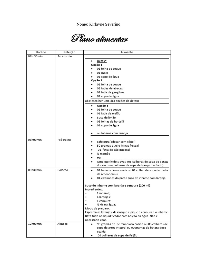 Plano Alimentar alimentar Kirlayne Severino | PDF | Sopa | Bolos
