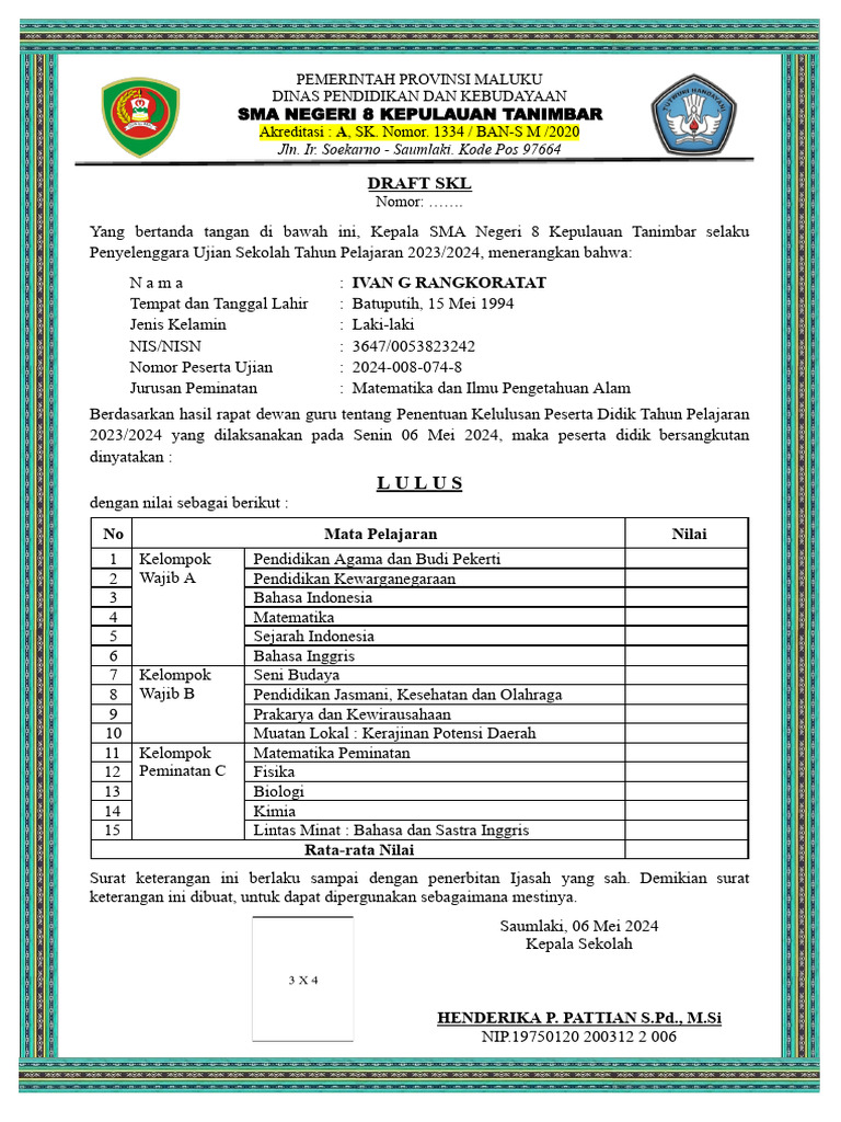 SKL 2024 - Nama - Kelas | PDF