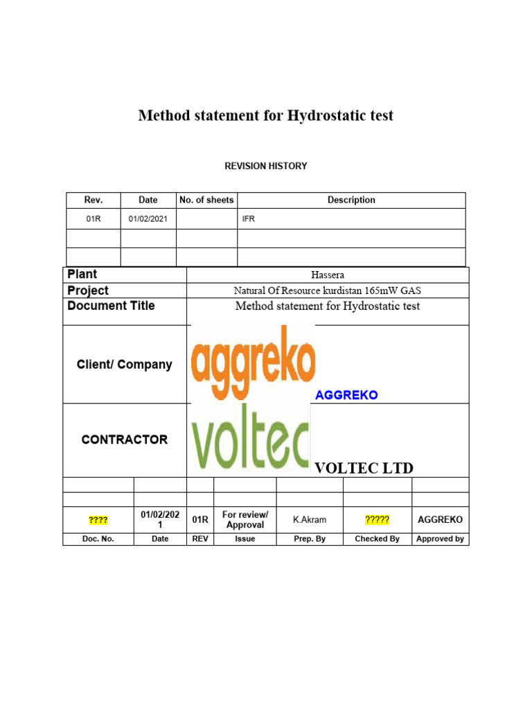 Method Statement For Hydrostatic Test | PDF | Nondestructive Testing ...