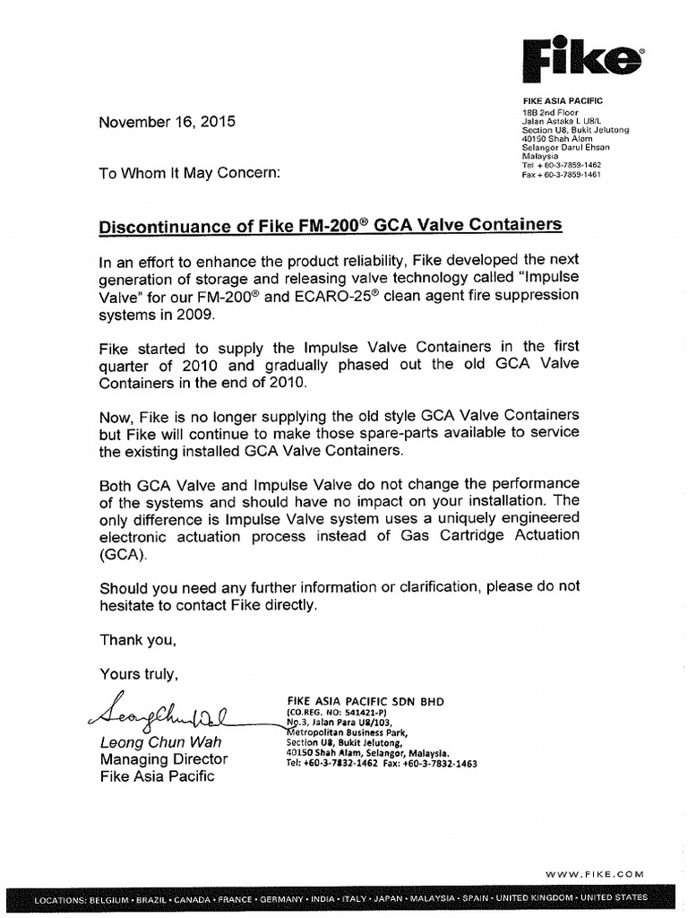 Fike Letter - GCA Valve FM-200 Container - discontinued | PDF