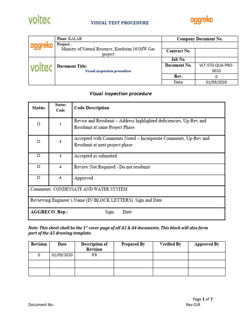VLT-STD-QUA-PRO-0010 (Visual Test Procedure) | PDF | Welding | Construction