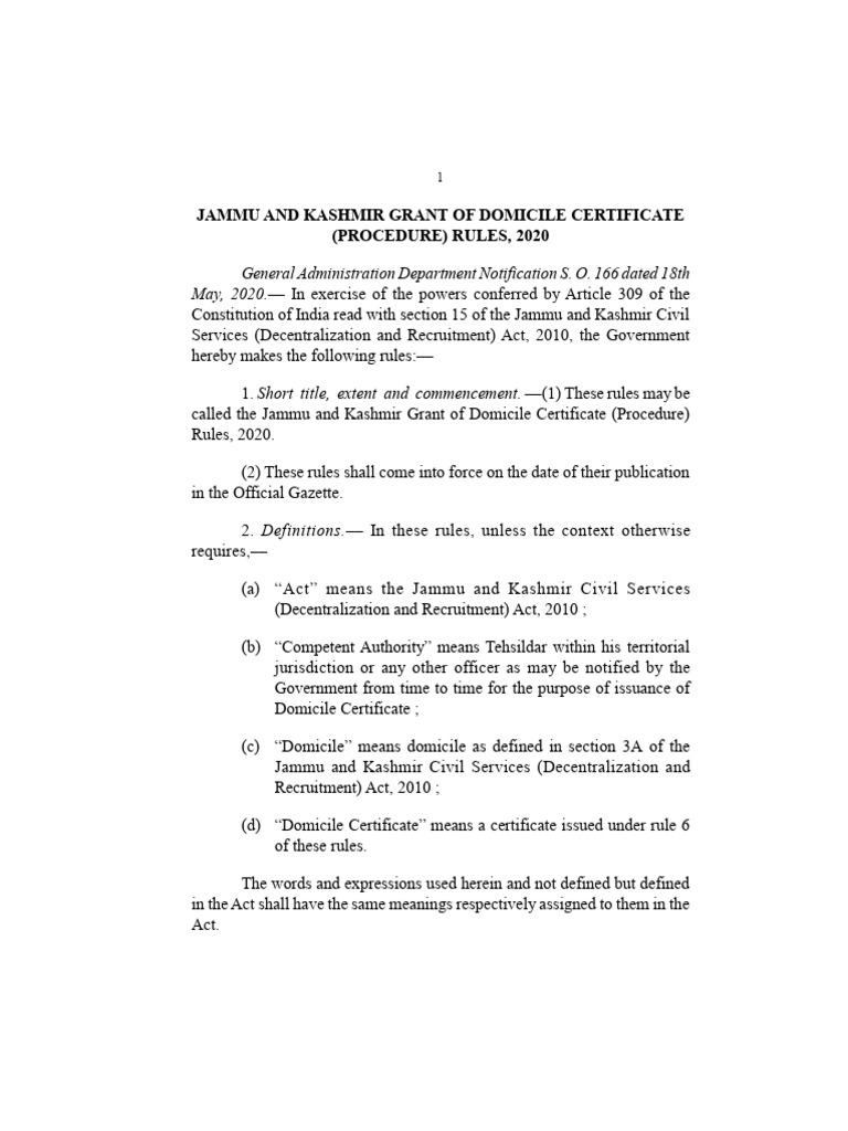 Jammu and Kashmir Grant of Domicile Certificate | PDF | Domicile (Law ...