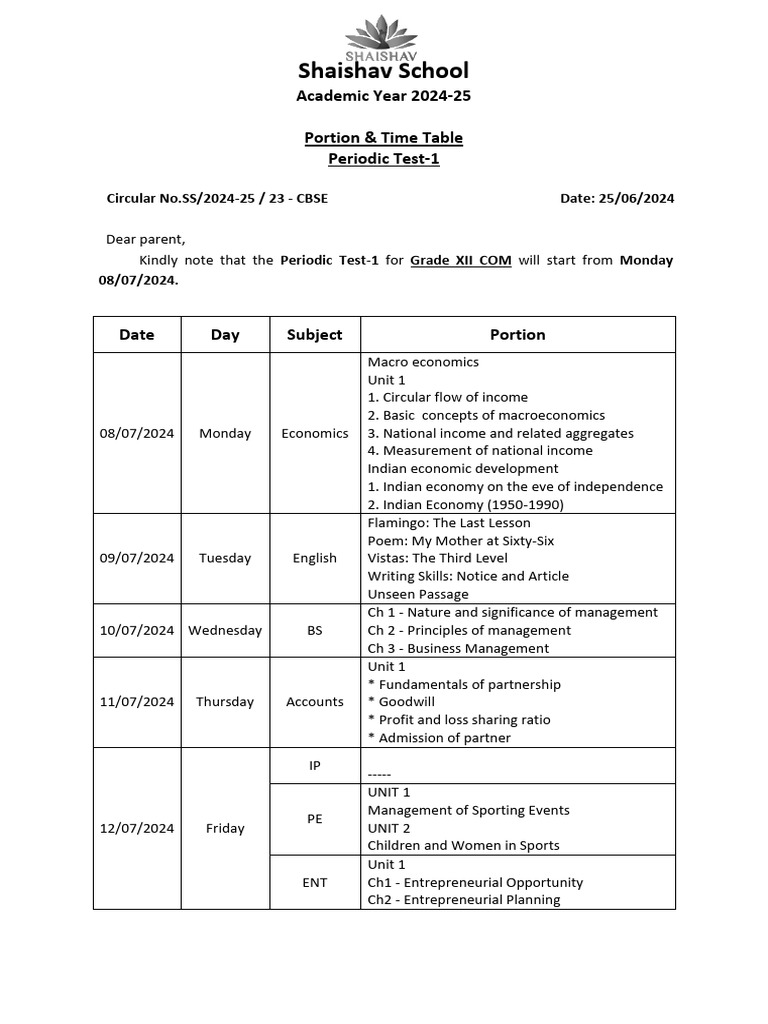 GR XII C_TIME TABLE & PORTION_PT-1_24-25 | PDF | Economics | Economies