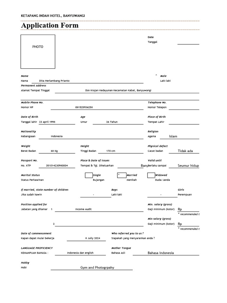 Application Form Dita Herlambang | PDF