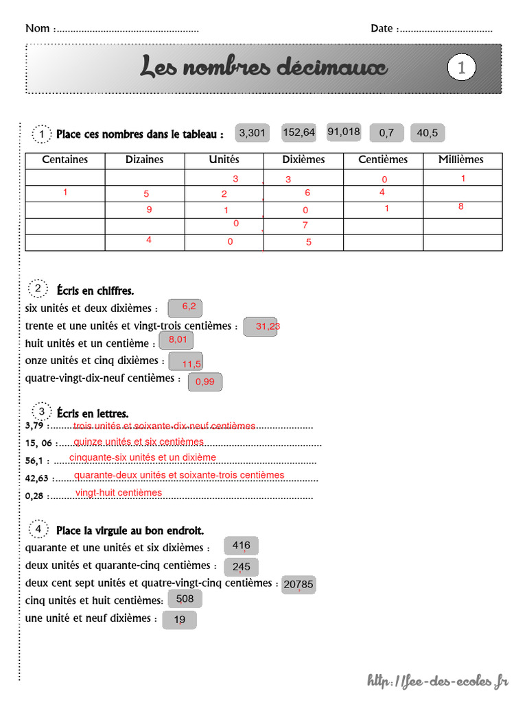 Évaluation Nombres Décimaux CM1 | PDF