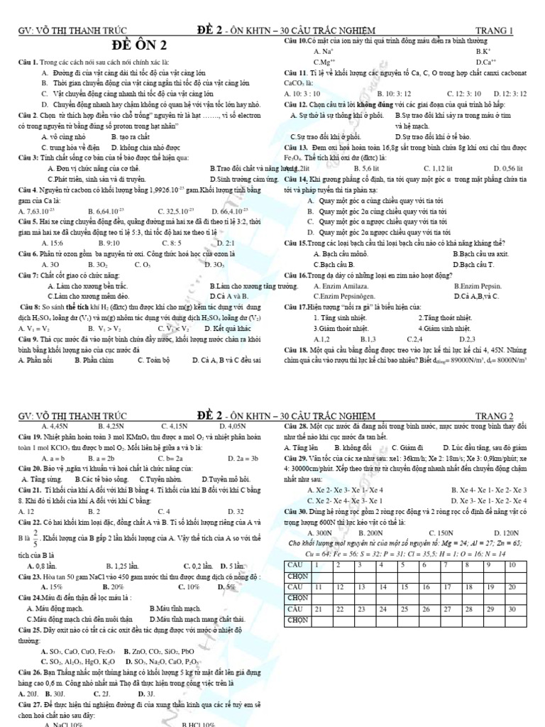 đề ôn 2 (30c Tracnghiem) | PDF