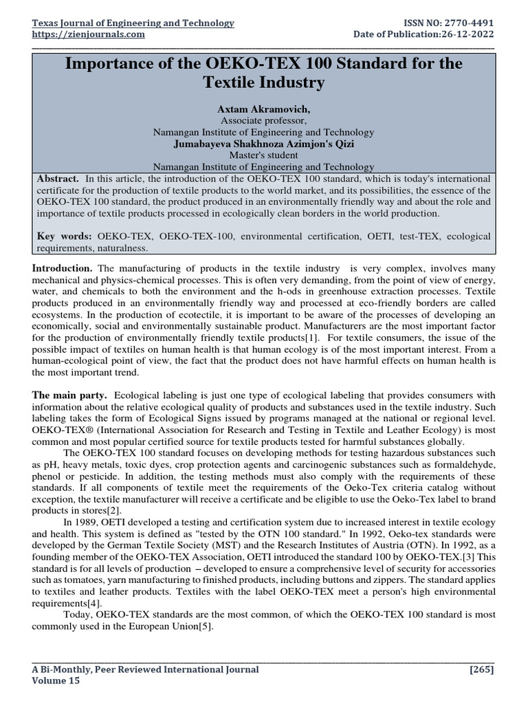 Importance of The OEKO-TEX 100 Standard For The Textile Industry | PDF | Textiles | Materials