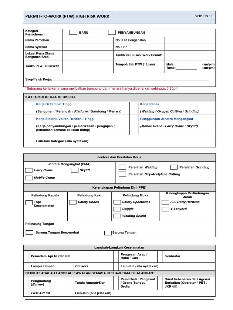 PTW -High Risk Work (OLNOS-Customer) | PDF