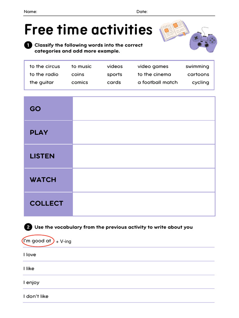 Free Time Activities Vocabulary Worksheet | PDF | Hobbies