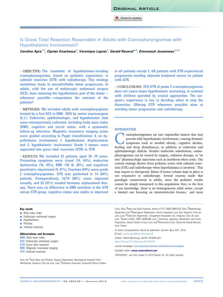 Is Gross Total Resection Reasonable In Adults With Craniopharyngiomas