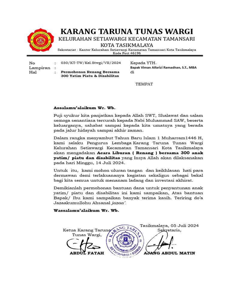 Proposal Permohonan Ke Bapak Viman | PDF