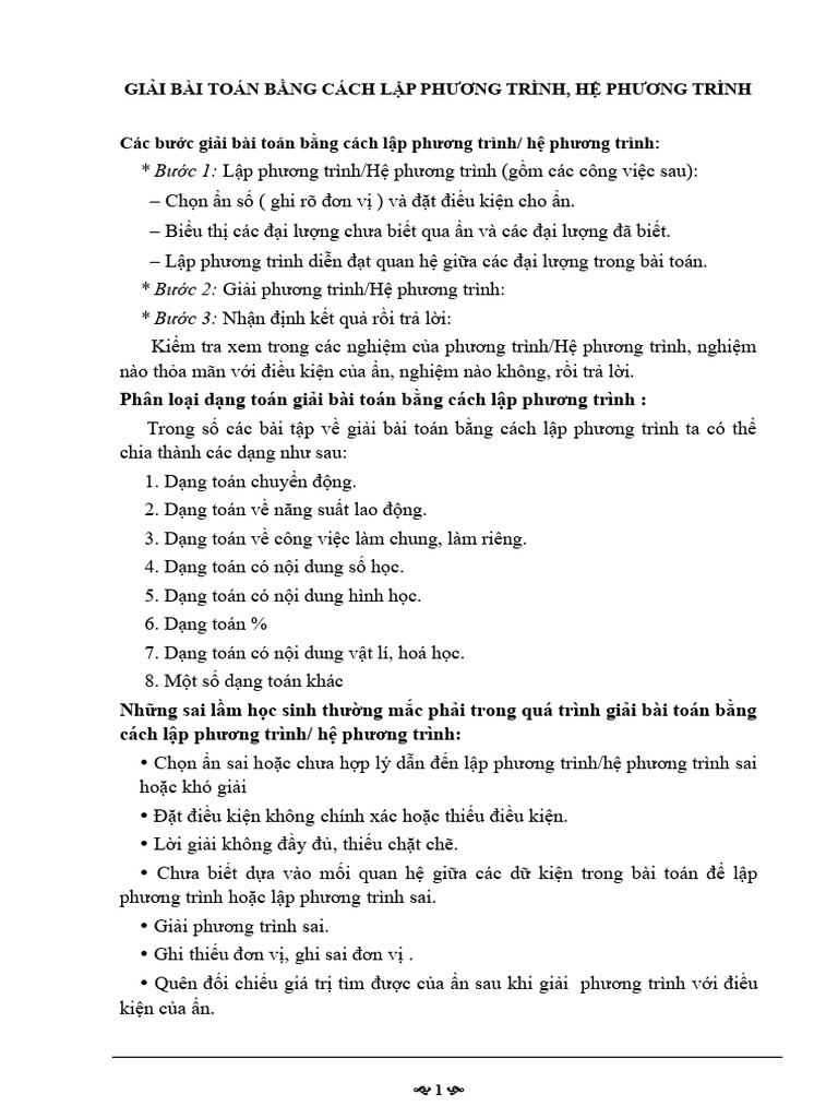 Chuyen de On Thi Vao 10 Giai Bai Toan Bang Cach Lap HPT Hoac PT | PDF