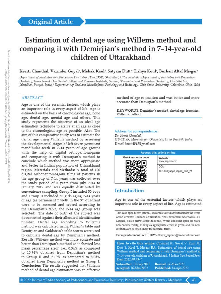 Estimation Of Dental Age Using Willems Method And 8 Pdf Spss Dentistry
