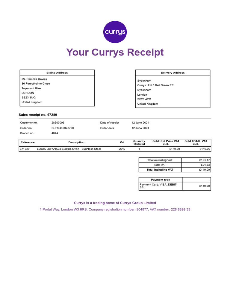 Your Currys Receipt (CUR2449973790) | PDF | Value Added Tax | Receipt